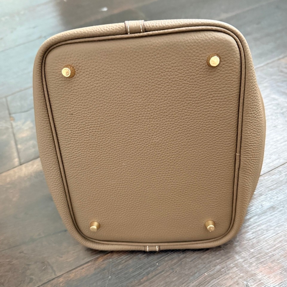 Luxury Leather Bucket Bag Taupe Gold Lock Detachable Pouch Top Handle ...