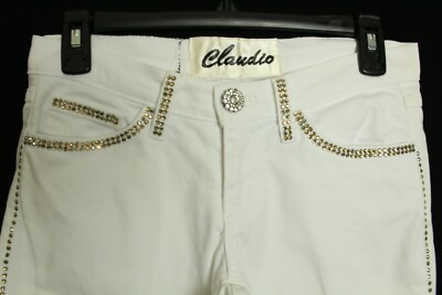 Claudio Milano Women's White Jeans Gold Swarovski Crystal Size 3 $290 ...