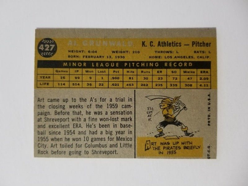 AL GRUNWALD 1960 TOPPS BASEBALL CARD #427 KANSAS CITY ATHLETICS | eBay