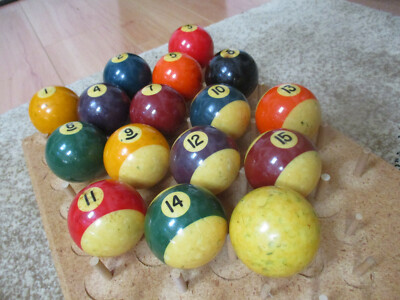 Antique Vintage Billiard Balls pool table speckle balls & display Rack ...