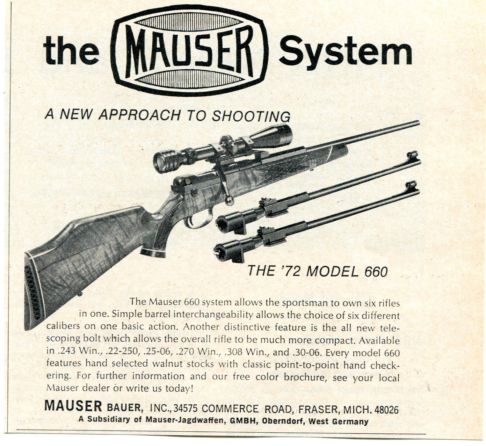 1973 small Print Ad of Mauser Bauer 72 Model 660 Rifle | eBay