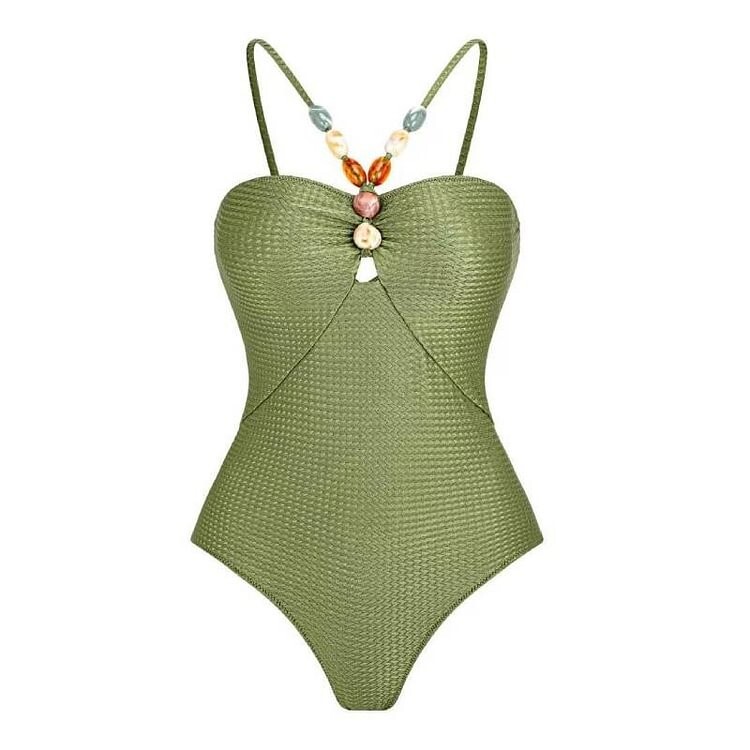 Flaxmaker Swimwear Bathing Suits Beaded HalterOne Piece Swimsuit and ...
