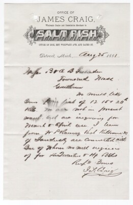 1881 JAMES CRAIG LETTERHEAD SALT FISH BATES ST DETROIT MI FESSENDEN | eBay