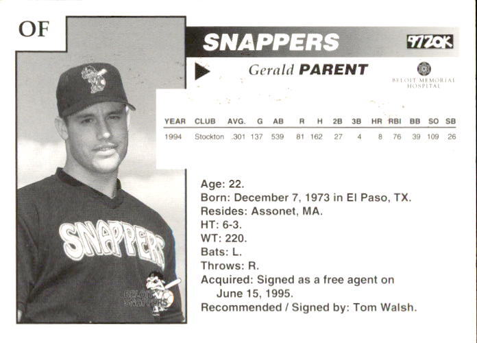 1996 Beloit Snappers Team Issue #28 Gerald Parent El Paso Texas Assonet ...