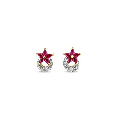 Briolette Ruby Star Shaped & Diamond Pave Crescent Studs 14k Yellow Gol ...