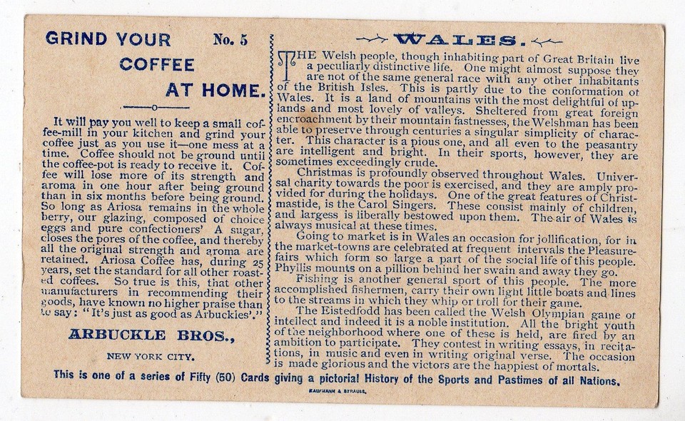 1893 ARBUCKLE'S COFFEE VICTORIAN TRADE CARD*#5 WALES*FISHERMAN ...