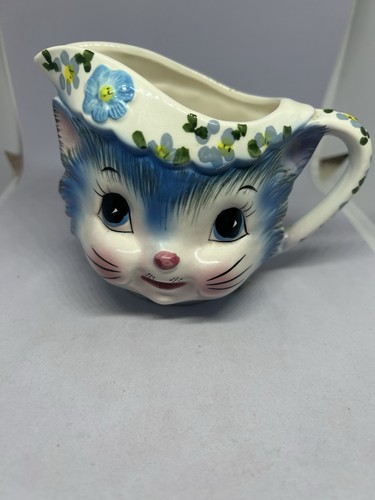 Vintage Lefton Miss Priss Blue Kitty Cat Floral Creamer #1508 Made in ...