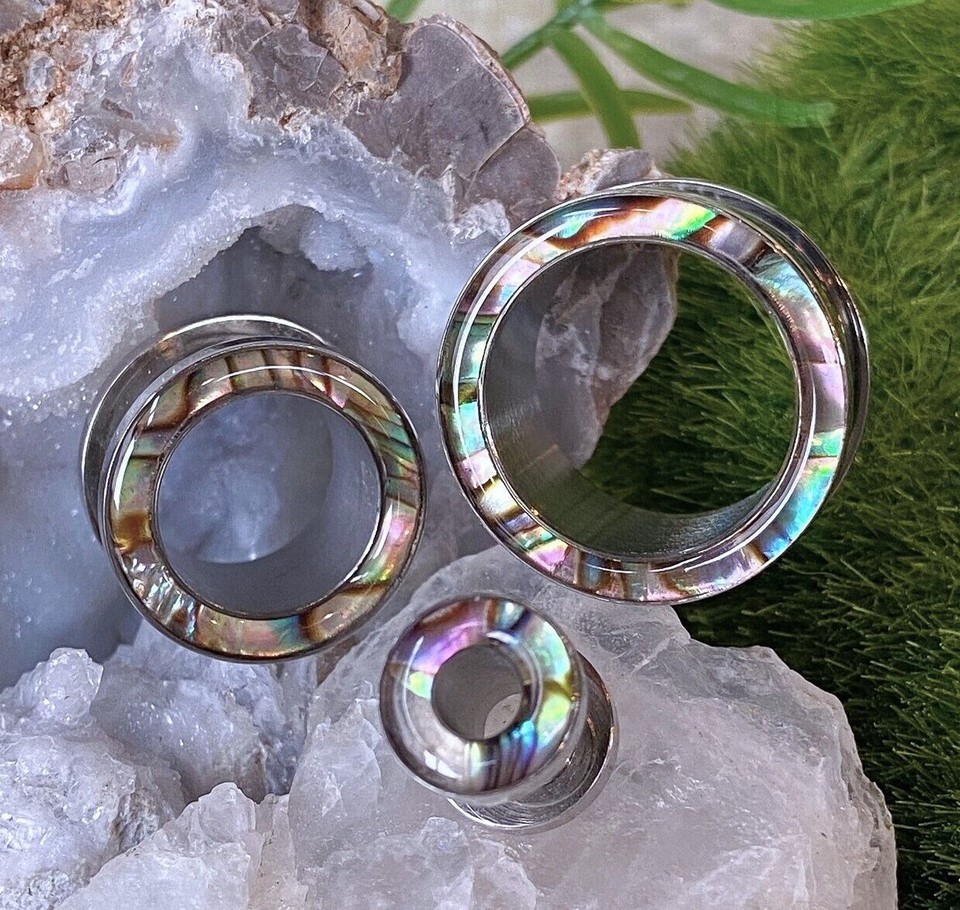 PAIR Abalone Inlay Steel Screw Fit Tunnels Earlets Gauges Plugs Body ...