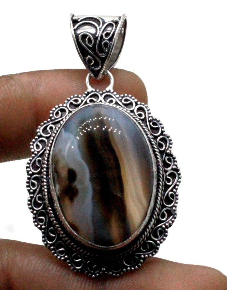 925 Sterling Silver Banded Agate Gemstone Jewelry Vintage Pendant Size ...
