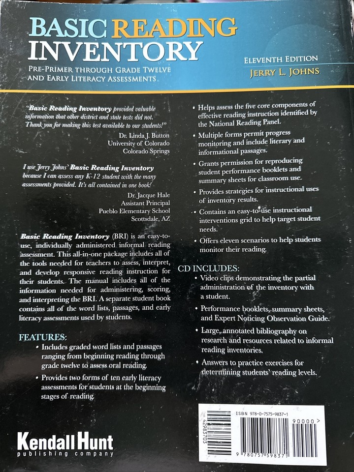 BASIC READING INVENTORY-W/CD By Jerry L. Johns **Mint Condition ...