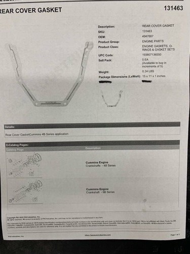Cummins Rear Housing Gasket PAI 131463 (3938159) as set of 2 for sale ...