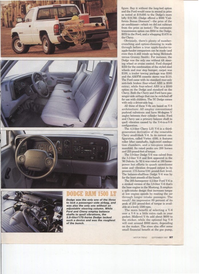 1997 CHEVROLET C1500 DODGE RAM 1500 LT FORD F-150 XL ROAD TEST 6 pg ...