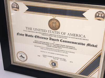 NAVY BATTLE EFFICIENCY AWARD COMMEMORATIVE MEDAL CERTIFICATE ~ Type 1 ...