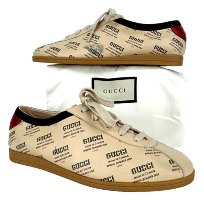 Gucci New Women Auth 6 US 36 EU Cream Stamp Print Leather Sneakers ...
