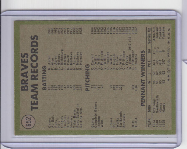 1971 Topps #652 Atlanta Braves Team Card w/ HANK AARON HI # GORGEOUS NM ...