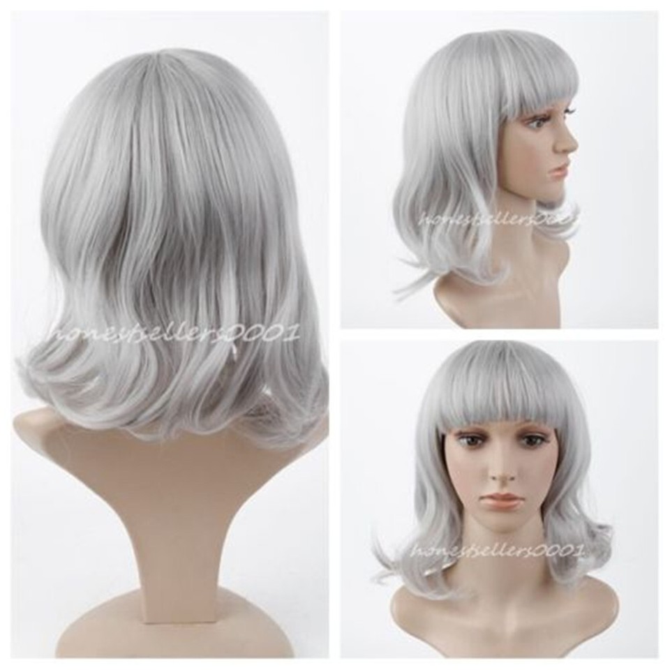 Short Silver Grey Bob Wig with Bang Synthetic Natural Wavy Costume ...