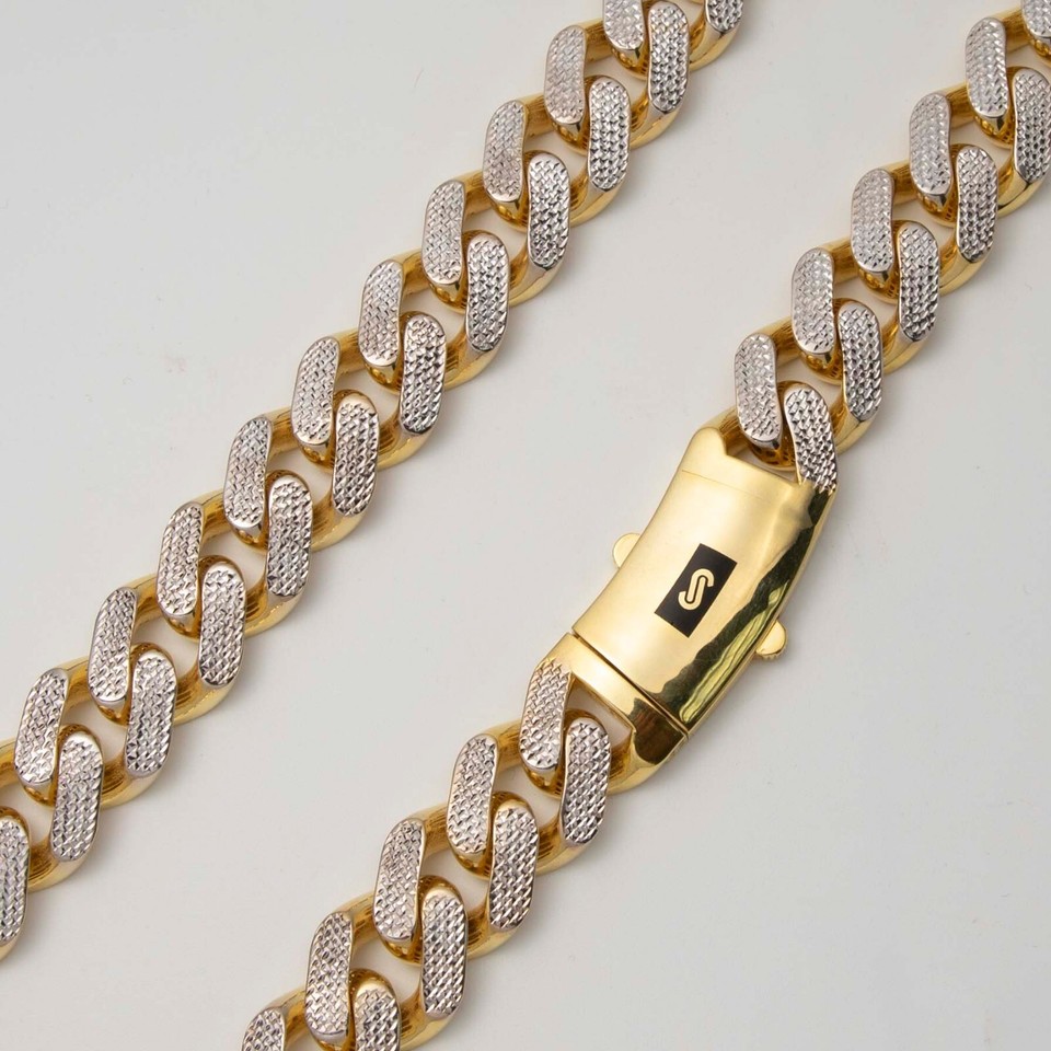 20mm Miami Cuban Diamond Cut Link Chain Two-Tone Real 10K Yellow White ...