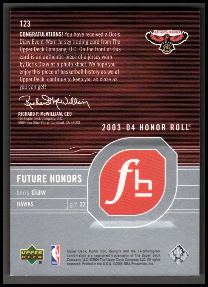 2003-04 Upper Deck Honor Roll #123 Boris Diaw RC Jersey Rookie Card #d ...