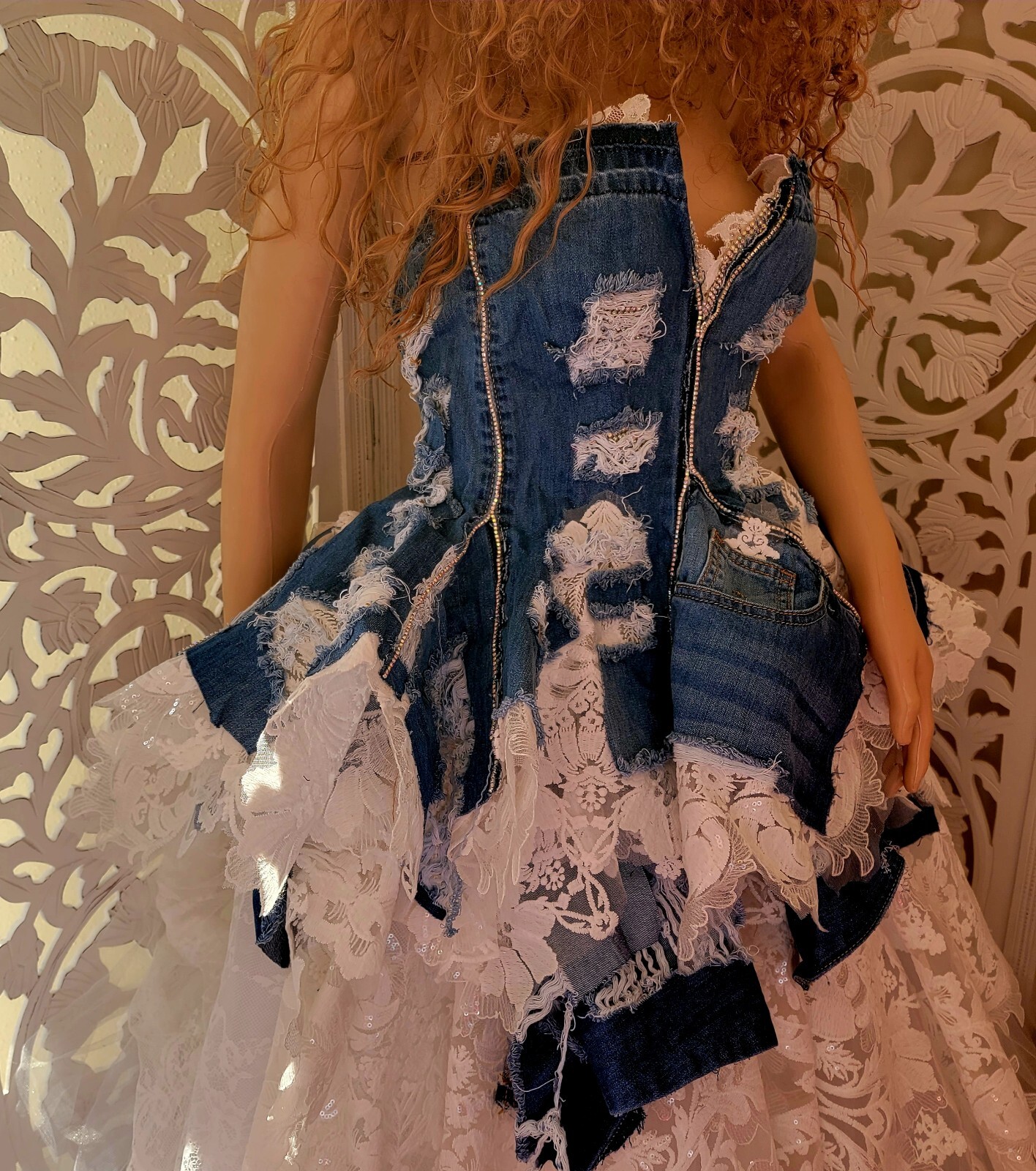 "MOREA" DENIM & DIAMONDS BONED CORSET LACE TULLE BRIDAL WEDDING ...