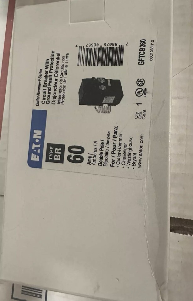 Eaton GFTCB260 60A, 2P, 120/240V, 10 kAIC, Type BR Ground Fault Breaker ...