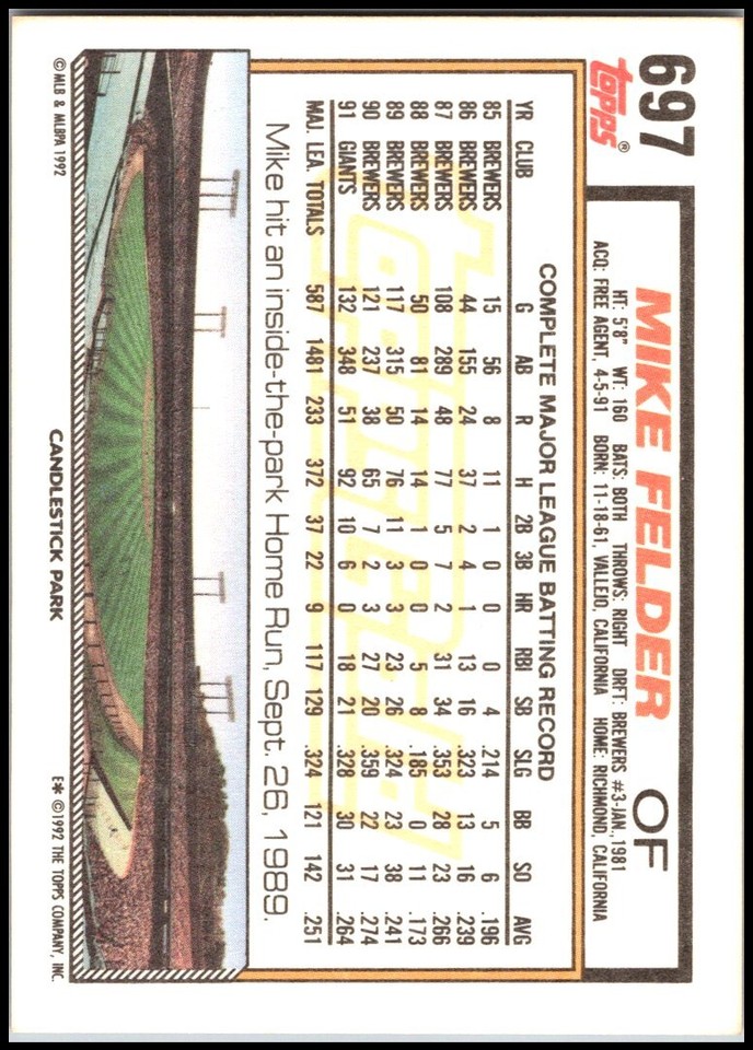 1992 Topps #697 Mike Felder - Gold Winners FREE SHIPPING! | eBay