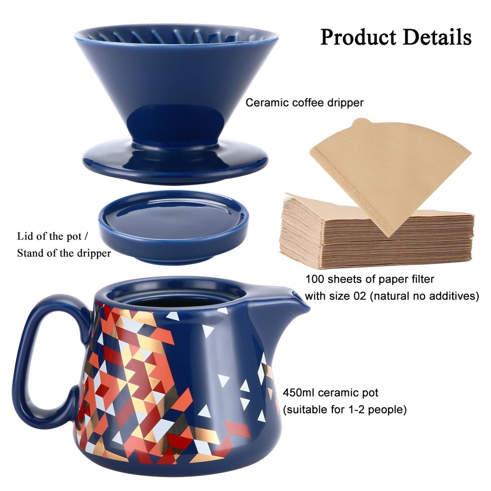 Pour Over Coffee Maker, Ceramic Coffee dripper with 100 pcs Size 02 ...