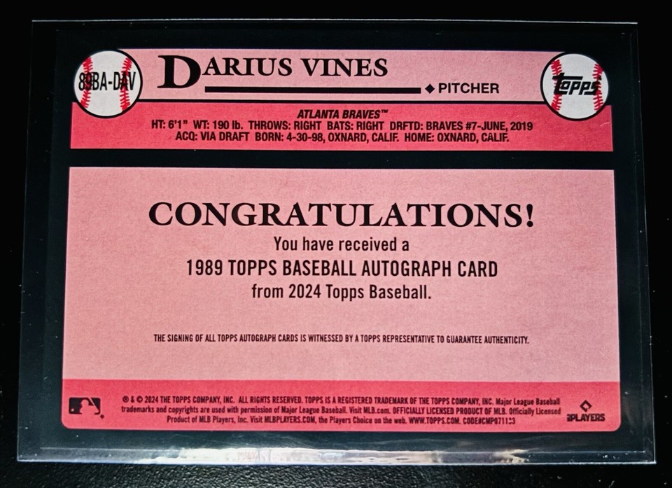 DARIUS VINES 2024 Topps Update 1989 Insert RC Rookie On-Card Auto ...