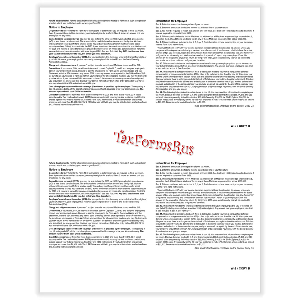 2025 IRS TAX FORMS KIT: W-2 Wage Stmts LASER for 10 employees+envelopes ...