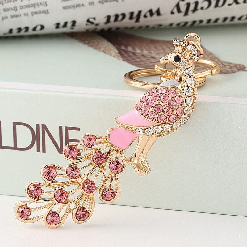 Keychain Peacock Women Gold Pink Car Key Ring Alloy Pendant Rhinestone ...