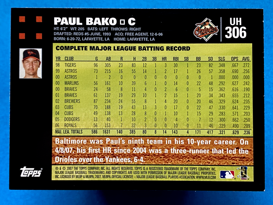 2007 Topps Updates & Highlights Paul Bako #UH306 | eBay