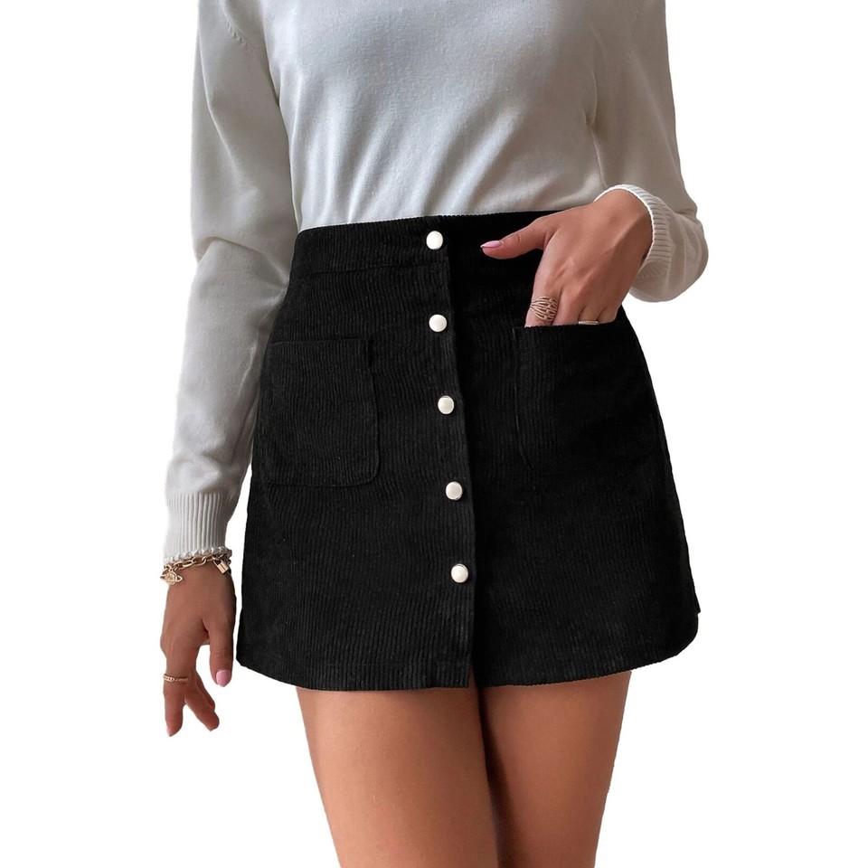 Black Short Corduroy Skirt For Ladies With Buttons Pockets A-line ...