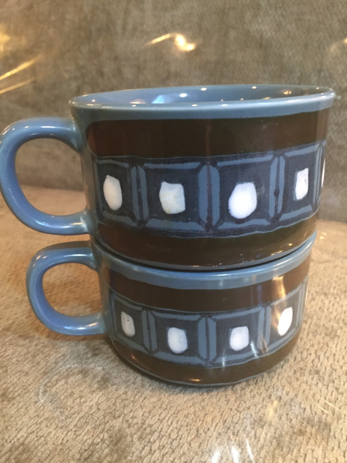 Vtg SET/2 Otagiri SOUP CHILI MUG Wide Mouth 16 oz BLUE Squares ...