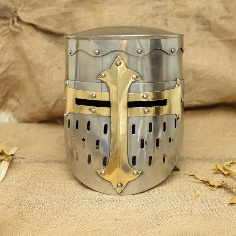 Medieval Crusader Great Helm Knight’s Brass Cross Helmet Templar Knight ...