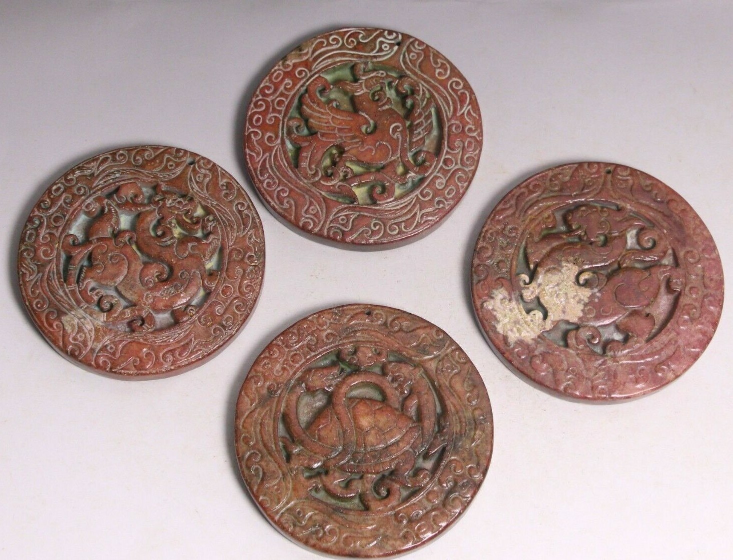 8CM Hongshan Culture Old Jade 4 God Beast Suzaku Xuanwu Dragon Tiger ...