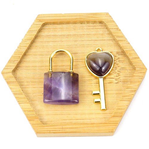 5 Sets Natural Amethyst Stone Gems Lock Key Pendants Reiki Amulet Gold ...
