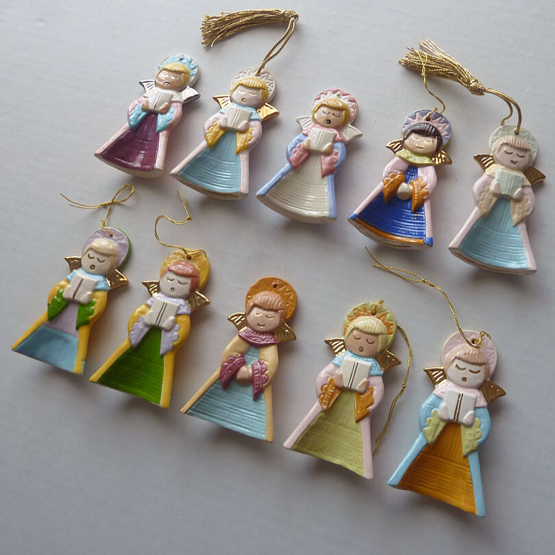 10 vintage handmade HAND PAINTED ceramic ANGELS ORNAMENTS Christmas ...