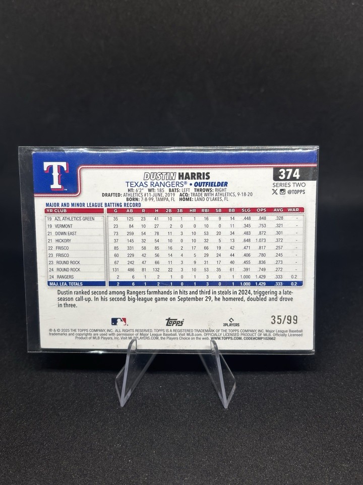 2025 Topps Series 2 Dustin Harris Rookie /99 #374 Hot Dog Foil Texas ...