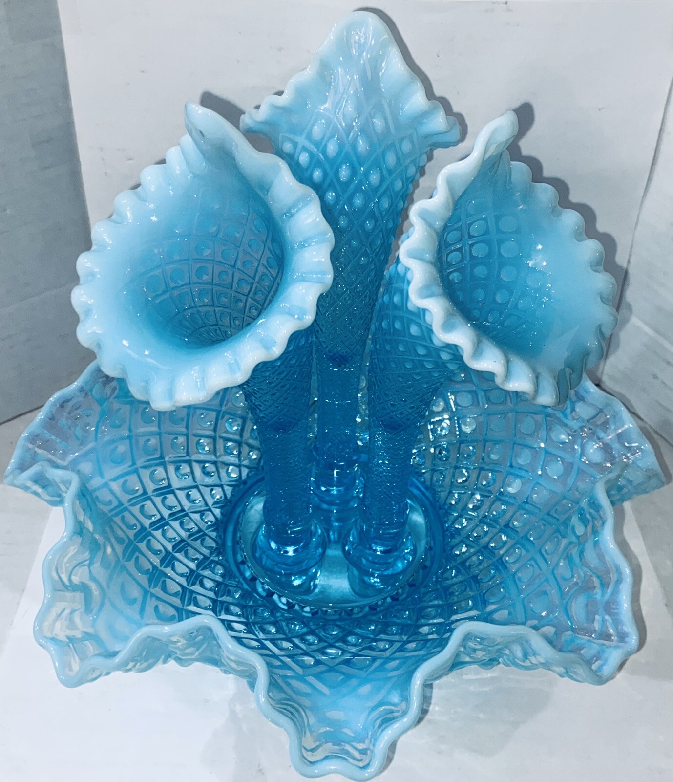 FENTON BLUE OPALESCENT THREE HORN EPERGNE IN DIAMOND LACE HOBNAIL ...