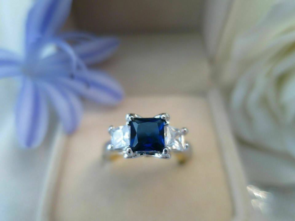 Lab Created Princess Blue & White Three Stone Womens Engagement High ...