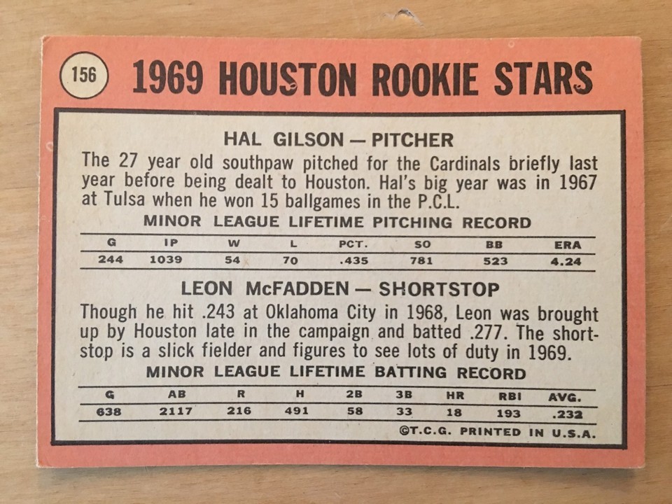 1969 Topps Baseball #156 Houston Astros Rookies Hal Gilson Leon ...
