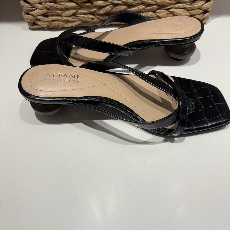 Alfani Step N Flex Black Croc Embossed Thong Strap Heel Sandals size 7 ...