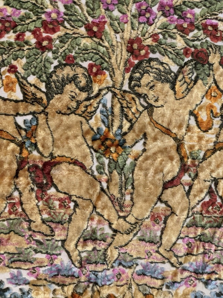 Vintage 1940s Italian Wedding Velvet Bedspread Rug Flowers & Cherubs ...