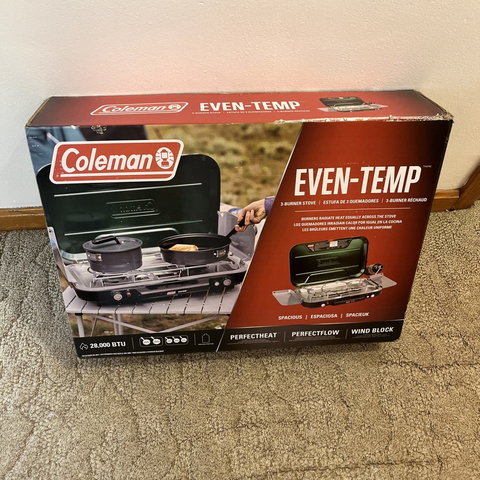 Coleman Even Temp 3 Burner Propane Camp Stove Wind Block 28k BTU (New ...