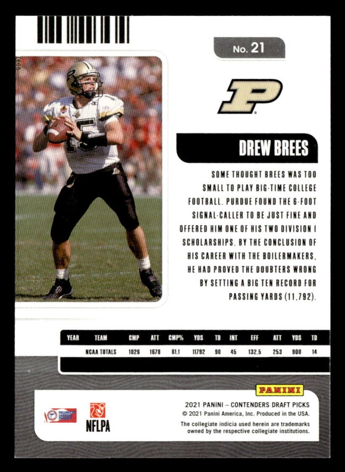 Drew Brees 2021 Panini Contenders Draft Picks Card #21 Purdue | eBay