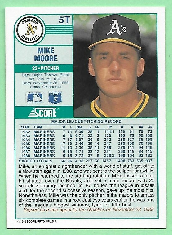 1989 Score Rookie & Traded Baseball Mike Moore #5T A's | eBay