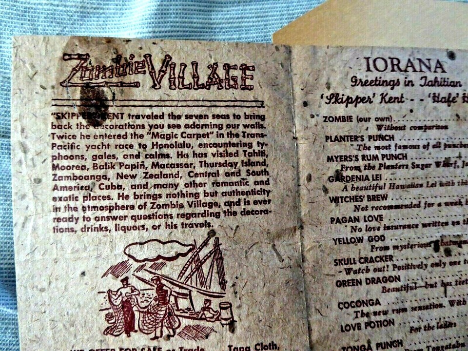 VINTAGE DRINK MENU NAPKIN TIKI ZOMBIE VILLAGE OAKLAND CALIFORNIA 1940's ...