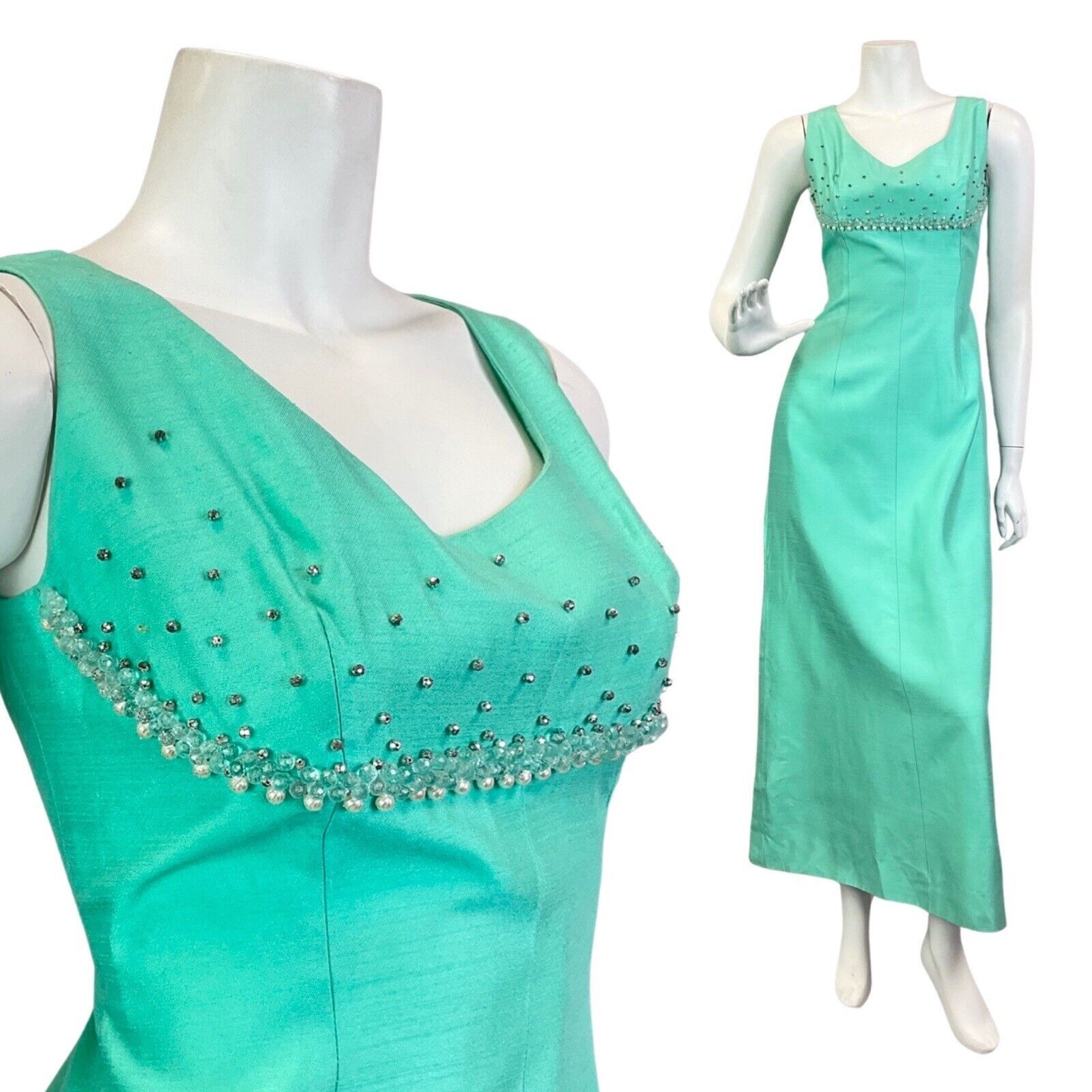 VTG 60s 70s MINT GREEN BEADED EMPIRE LINE REGENCY SLE… - Gem