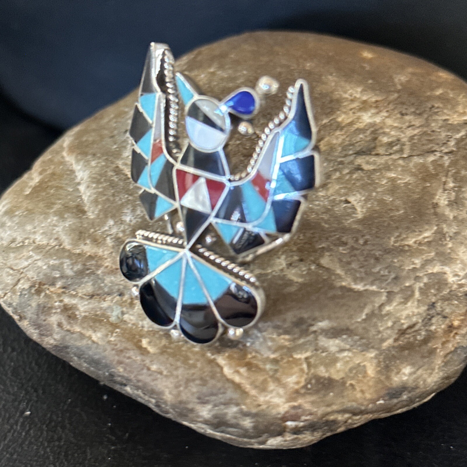 Turquoise & Onyx Peyote Bird Zuni Sterling Silver Inlay Ring Size 7.5 ...