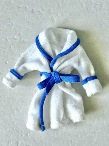 BARBIE DOLL BATH ROBE WHITE W/ BLUE TRIM & TIE ROLLED CUFFS TERRY CLOTH ...