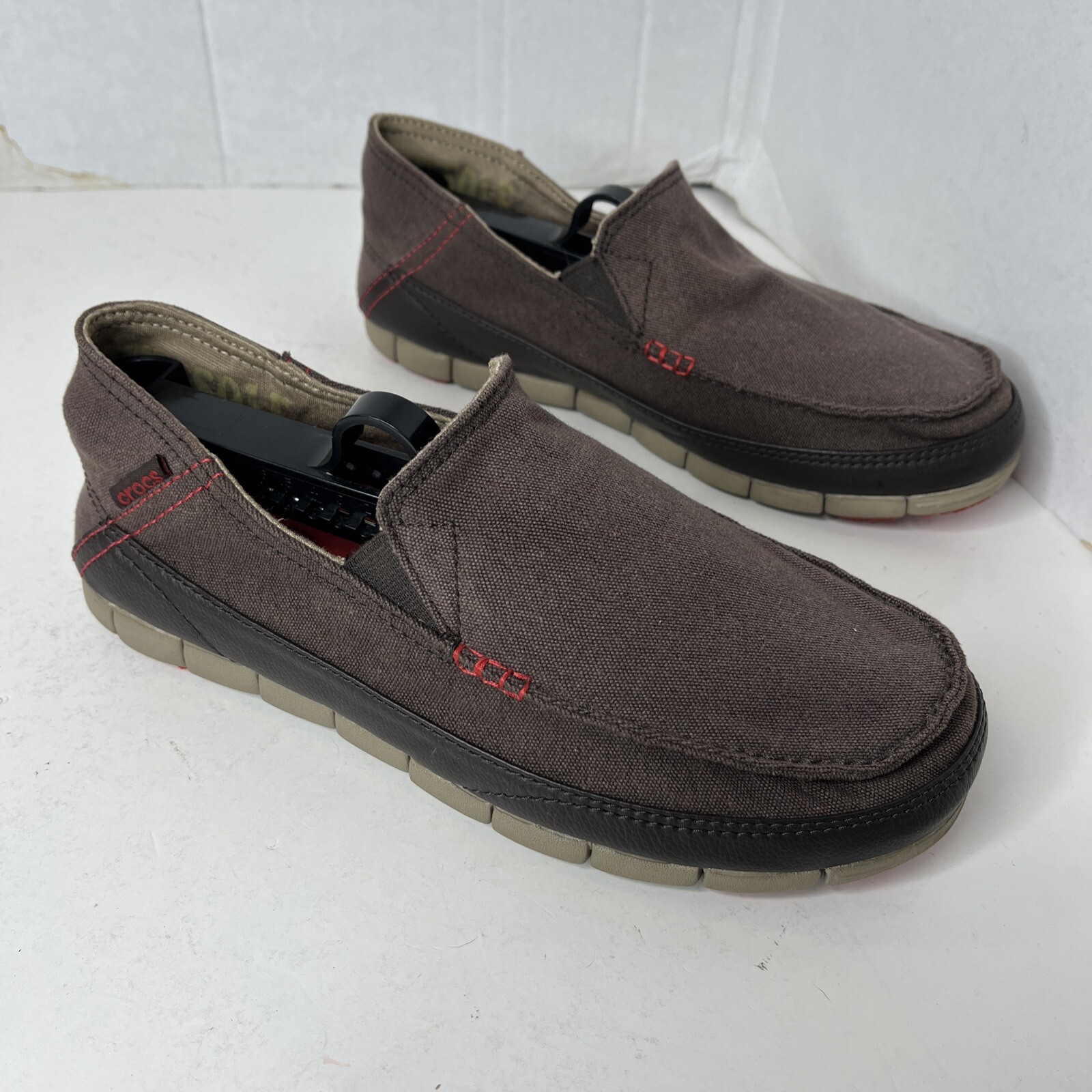 Crocs Shoes Men’s 7 Stretch Sole Slip On Loafers Brown Canvas Low Top ...